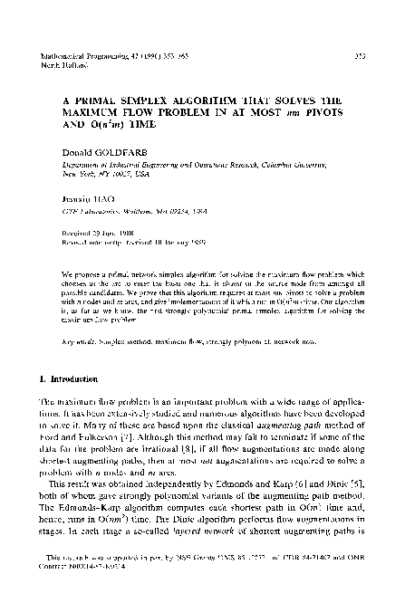Pdf A Primal Simplex Algorithm That Solves The Maximum Flow Problem In At Mostnm Pivots And O