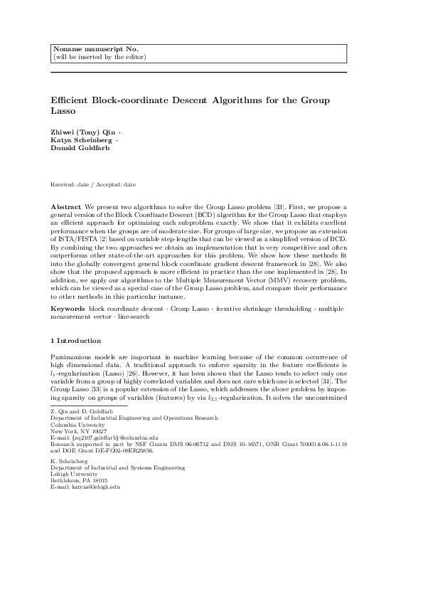 (PDF) Efficient block-coordinate descent algorithms for the Group Lasso