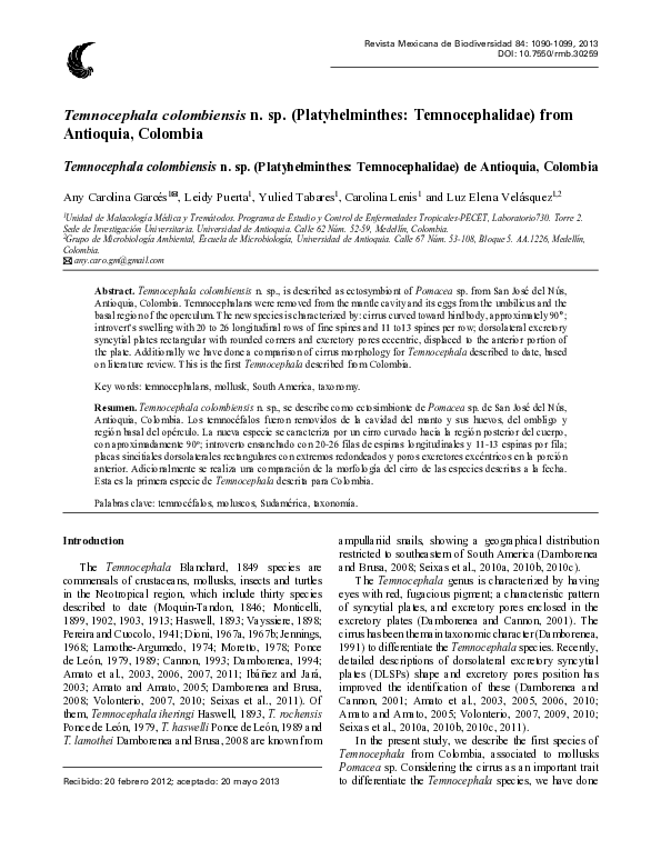(PDF) Temnocephala colombiensis n. sp. (Platyhelminthes ...