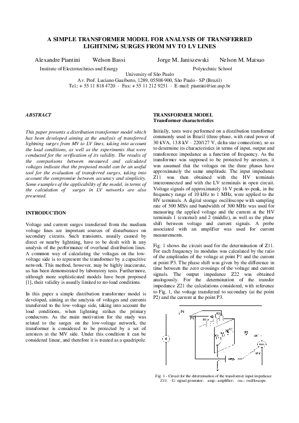 (PDF) A simple transformer model for analysis of transferred lightning ...