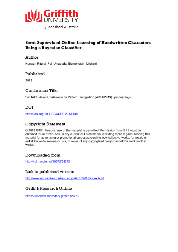 Pdf Semi Supervised Online Learning Of Handwritten Characters Using A Bayesian Classifier 