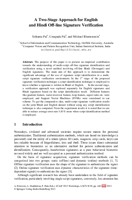 Pdf A Two Stage Approach For English And Hindi Off Line Signature Verification