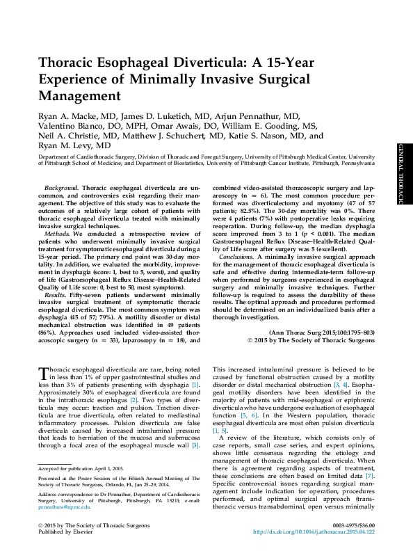 (PDF) Minimally Invasive Management of Thoracic Esophageal Diverticula