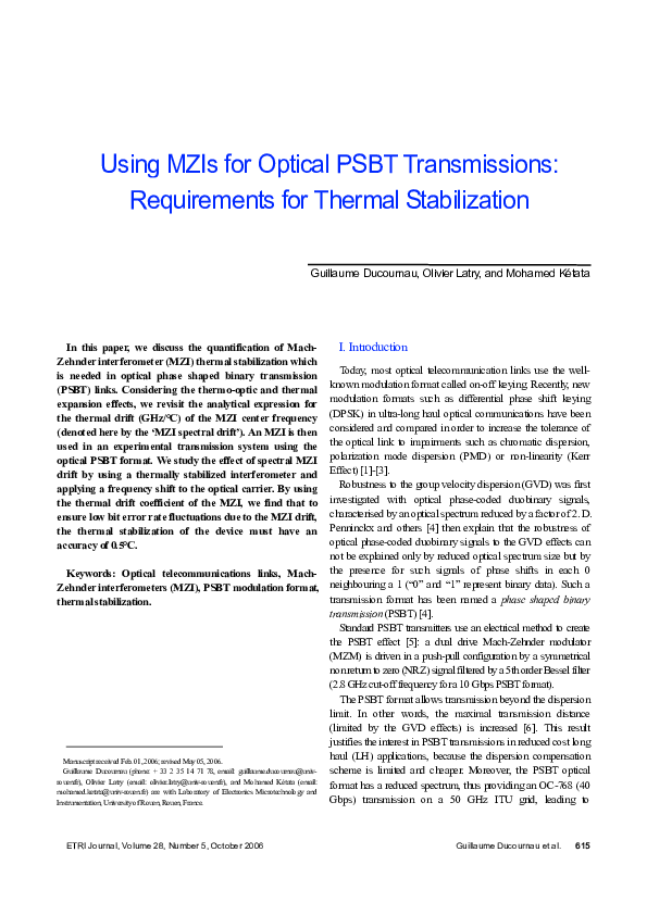 (PDF) Using MZIs for Optical PSBT Transmissions: Requirements for Thermal Stabilization