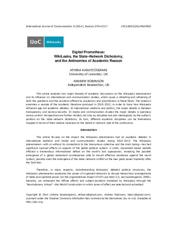 (PDF) Digital Prometheus: WikiLeaks, the State-Network Dichotomy and ...
