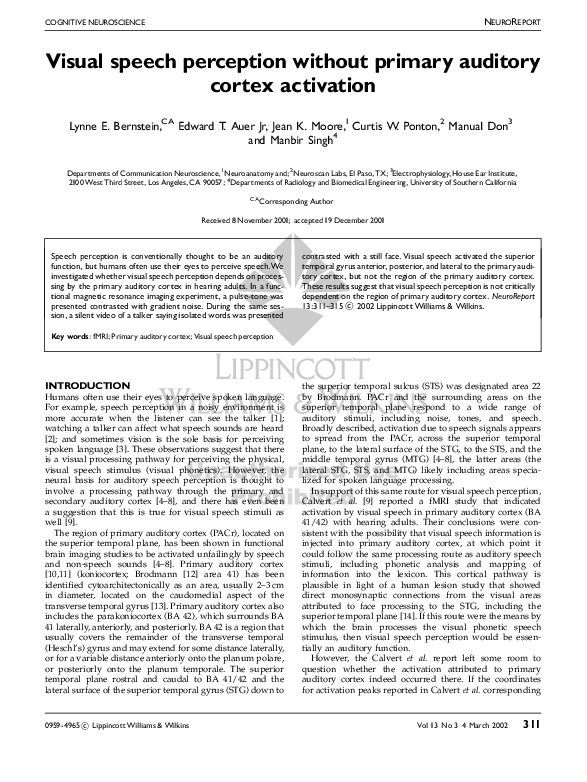 (PDF) Visual speech perception without primary auditory cortex activation