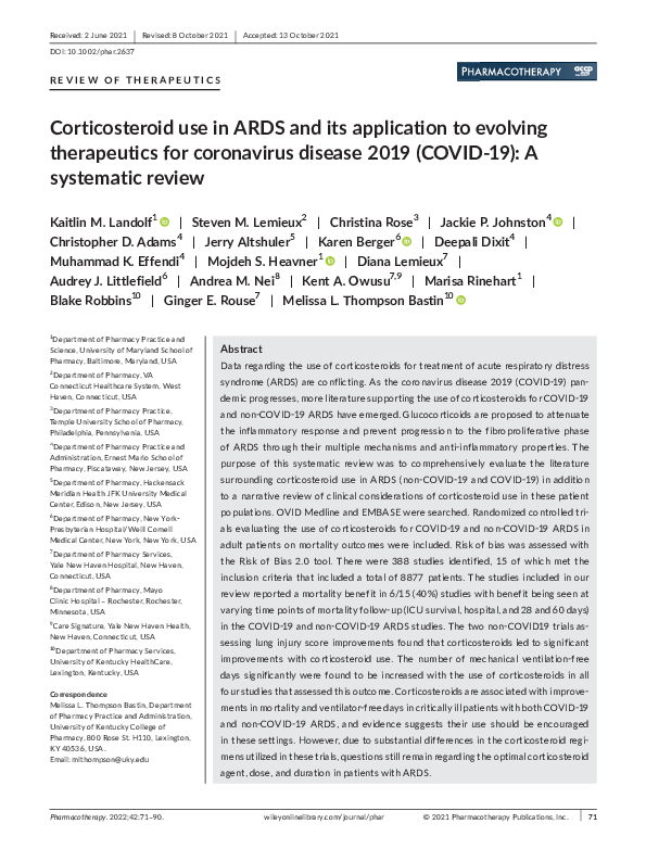 (PDF) Corticosteroid use in ARDS and its application to evolving therapeutics for coronavirus ...