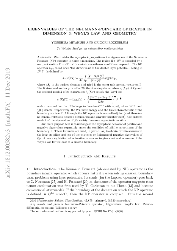 (PDF) Eigenvalues of the Neumann–Poincaré operator in dimension 3: Weyl ...