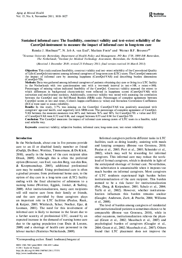 (PDF) Sustained informal care: The feasibility, construct validity and ...