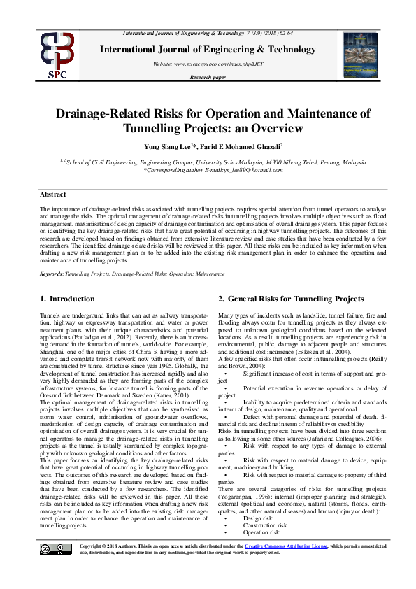 (PDF) Drainage-Related Risks for Operation and Maintenance of Tunnelling Projects: an Overview