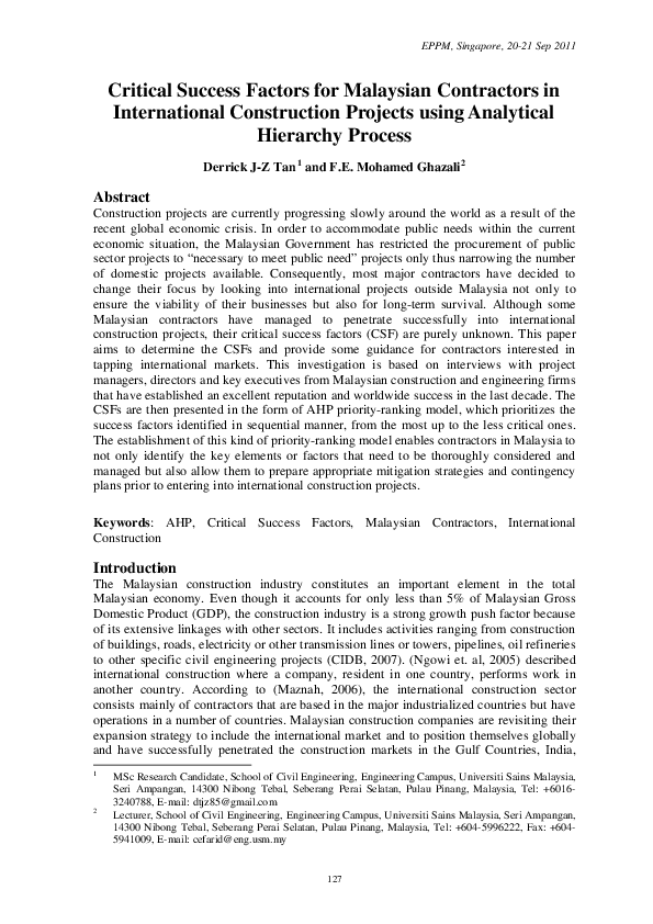 (PDF) Critical Success Factors for Malaysian Contractors in International Construction Projects ...