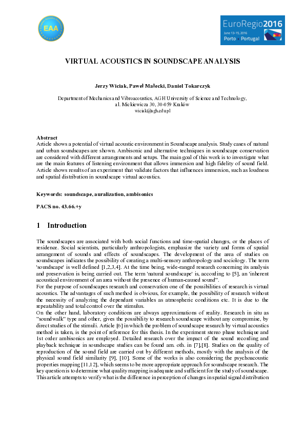 Pdf Virtual Acoustics In Soundscape Analysis