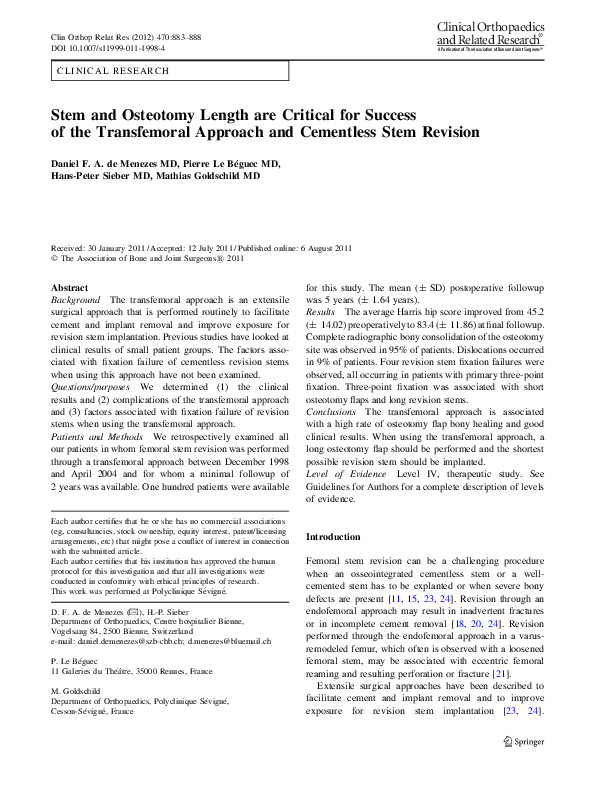 (PDF) Stem and Osteotomy Length are Critical for Success of the ...