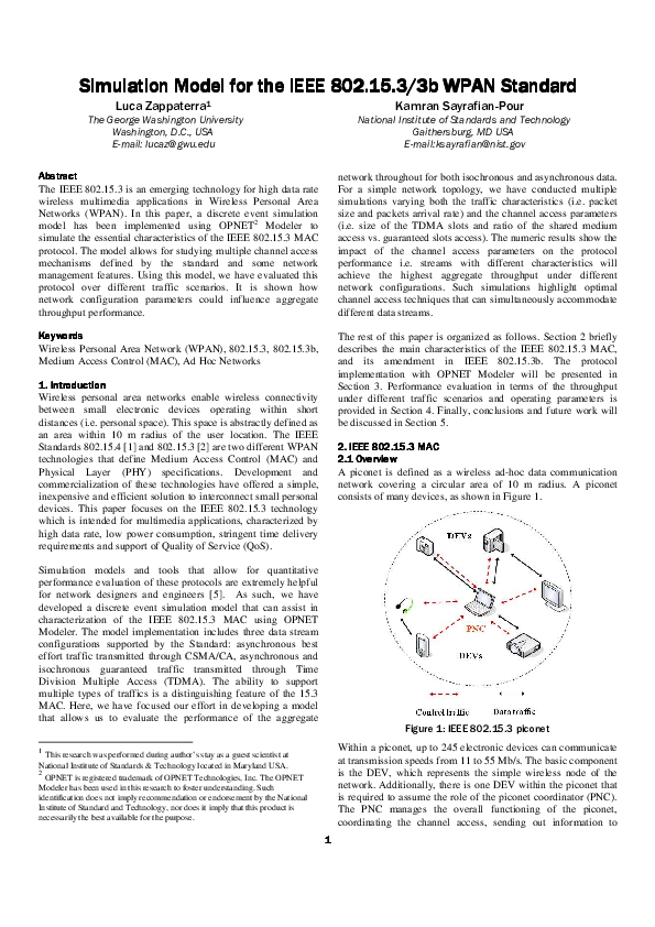 (PDF) Simulation Model for the IEEE 802.15.3/3b WPAN Standard | NIST