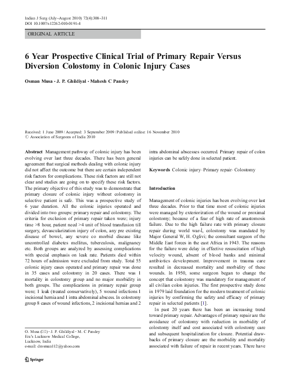 (PDF) 6 Year Prospective Clinical Trial of Primary Repair Versus ...