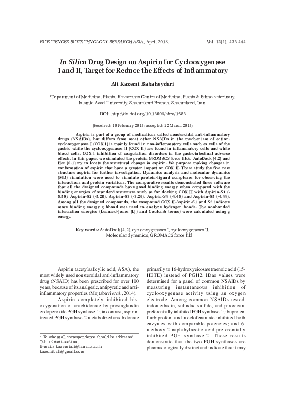 (PDF) In Silico Drug Design on Aspirin for Cyclooxygenase I and II, Target for Reduce the ...