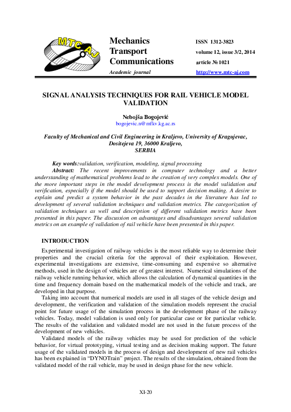 Pdf Signal Analysis Techniques For Rail Vehicle Model Validation 