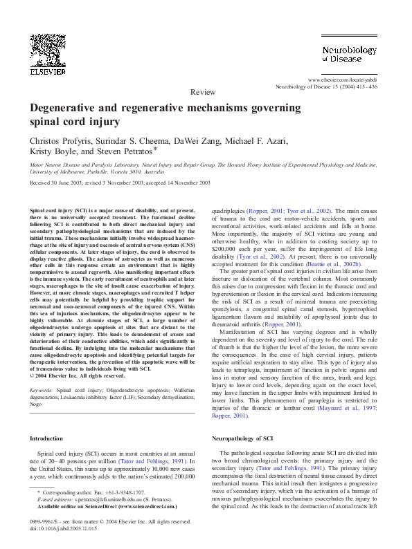 (PDF) Degenerative and regenerative mechanisms governing spinal cord injury