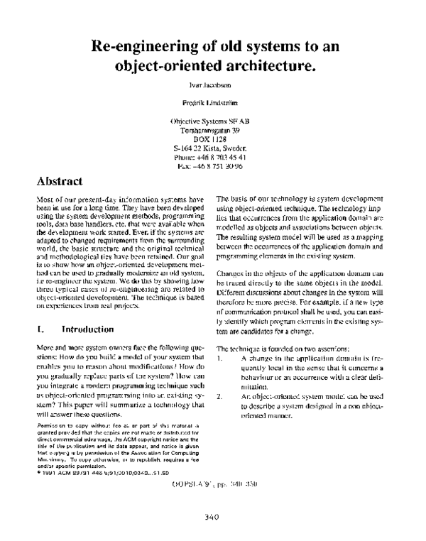 Pdf Reengineering Of Old Systems To An Object Oriented Architecture