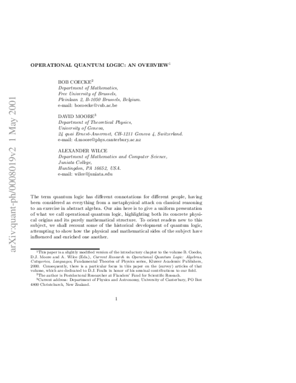 (PDF) Operational Quantum Logic: An Overview