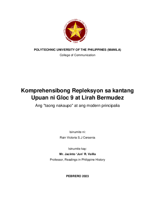 (PDF) Repleksyon sa kantang Upuan ni Gloc 9 at Lirah Bermudez