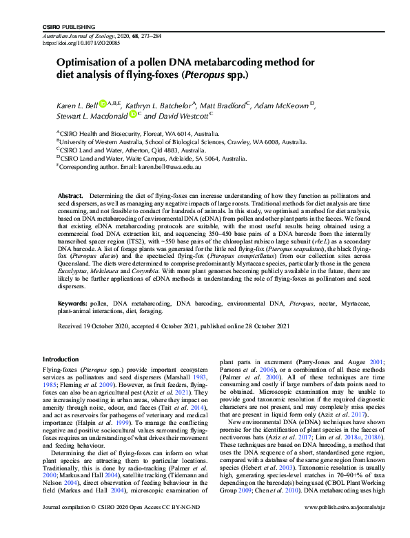 (PDF) Optimized DNA Metabarcoding for Flying-Fox Diet Analysis