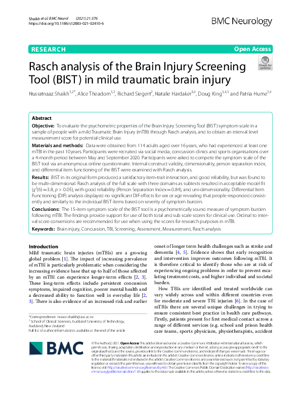 (PDF) Rasch analysis of the Brain Injury Screening Tool (BIST) in mild ...