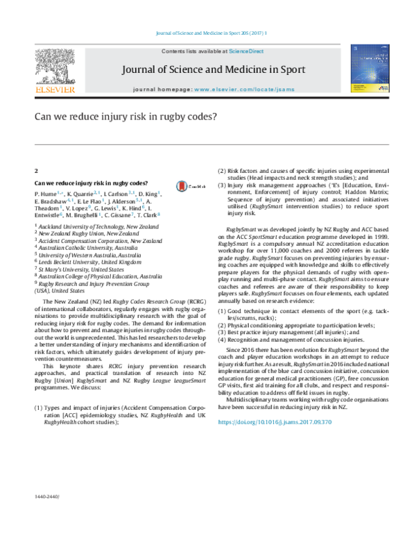 (PDF) Can we reduce injury risk in rugby codes?