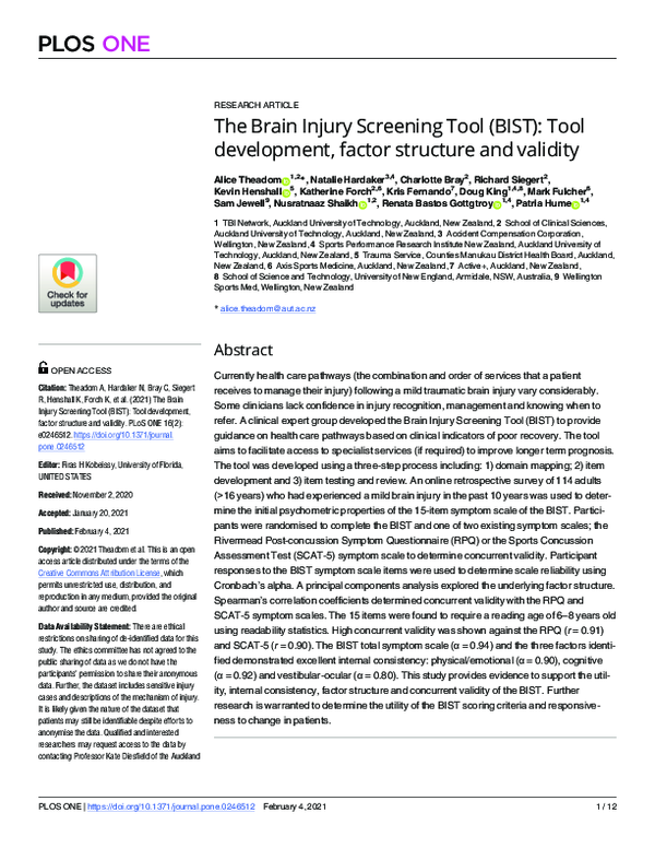 (PDF) The Brain Injury Screening Tool (BIST): Tool development, factor ...