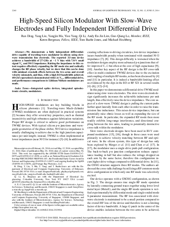 (PDF) High-Speed Silicon Modulator With Slow-Wave Electrodes and Fully ...