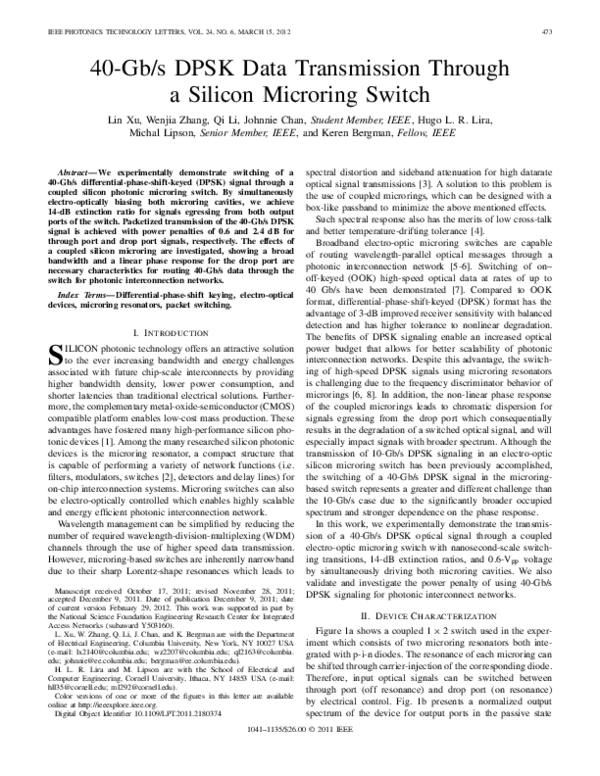 (PDF) 40-Gb/s DPSK Data Transmission Through a Silicon Microring Switch