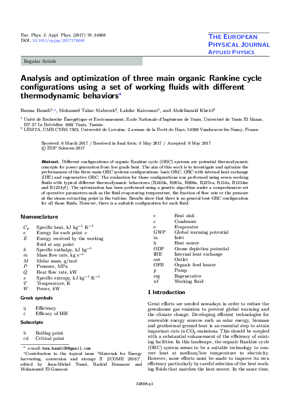 (PDF) Analysis and optimization of three main organic Rankine cycle configurations using a set ...