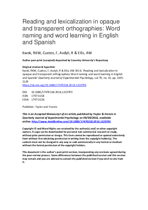 (PDF) Reading and lexicalization in opaque and transparent ...