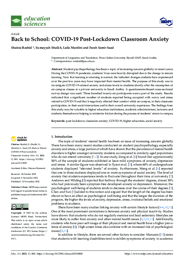 (PDF) Back to School: COVID-19 Post-Lockdown Classroom Anxiety
