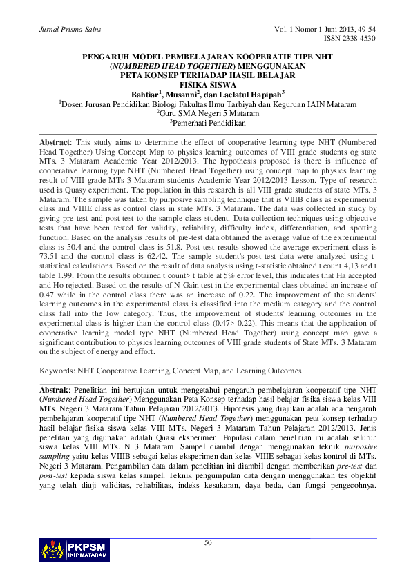 (PDF) Pengaruh Model Pembelajaran Kooperatif Tipe NHT (Numbered Head Together) Menggunakan Peta ...