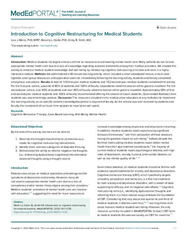 (PDF) Introduction to Cognitive Restructuring for Medical Students