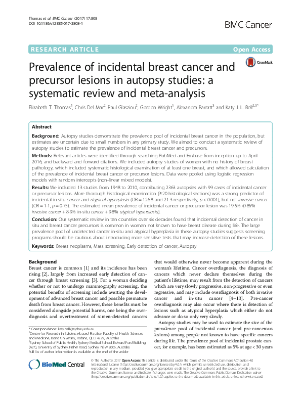 (PDF) Prevalence of incidental breast cancer and precursor lesions in ...