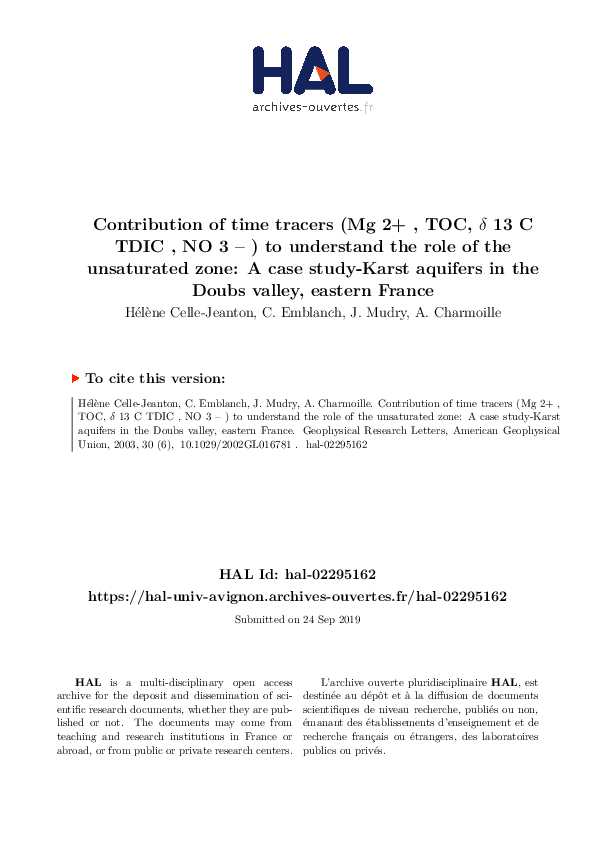 (PDF) Contribution of time tracers (Mg 2+ , TOC, δ 13 C TDIC , NO 3 − ...