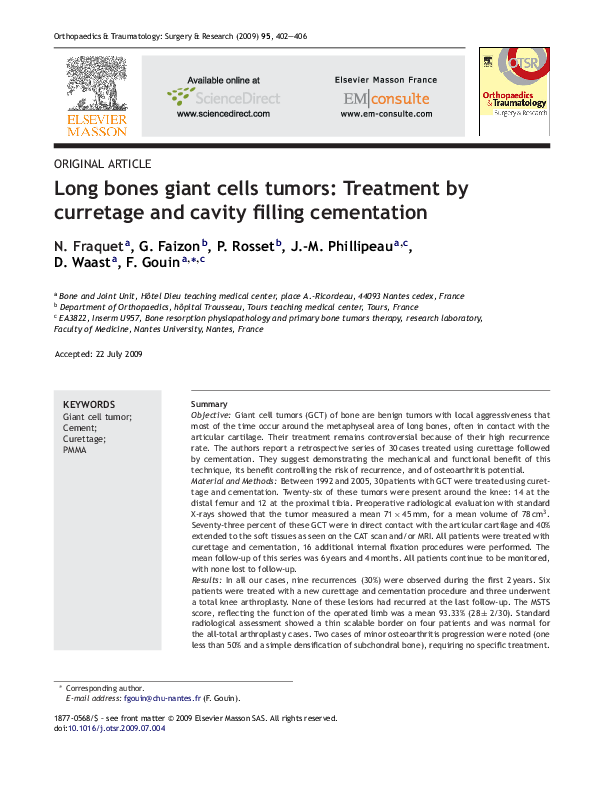(PDF) Long bones giant cells tumors: Treatment by curretage and cavity ...
