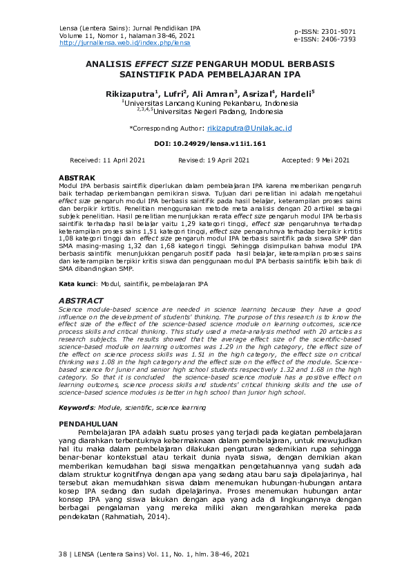 (PDF) Analisis Effect Size Pengaruh Modul Berbasis Sainstifik Pada Pembelajaran Ipa