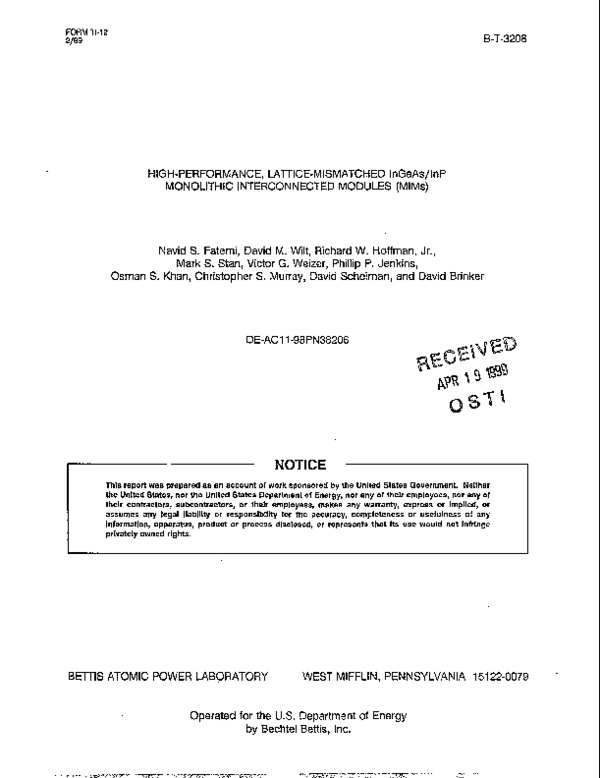 High-performance, lattice-mismatched InGaAs/InP monolithic interconnected modules (MIMs)