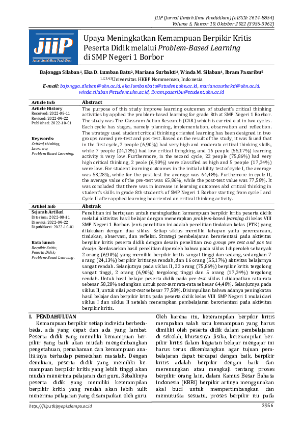 (PDF) Upaya Meningkatkan Kemampuan Berpikir Kritis Peserta Didik melalui Problem-Based Learning ...