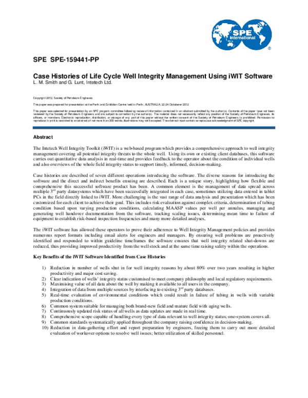 (PDF) Case Histories of Life Cycle Well Integrity Management Using iWIT ...
