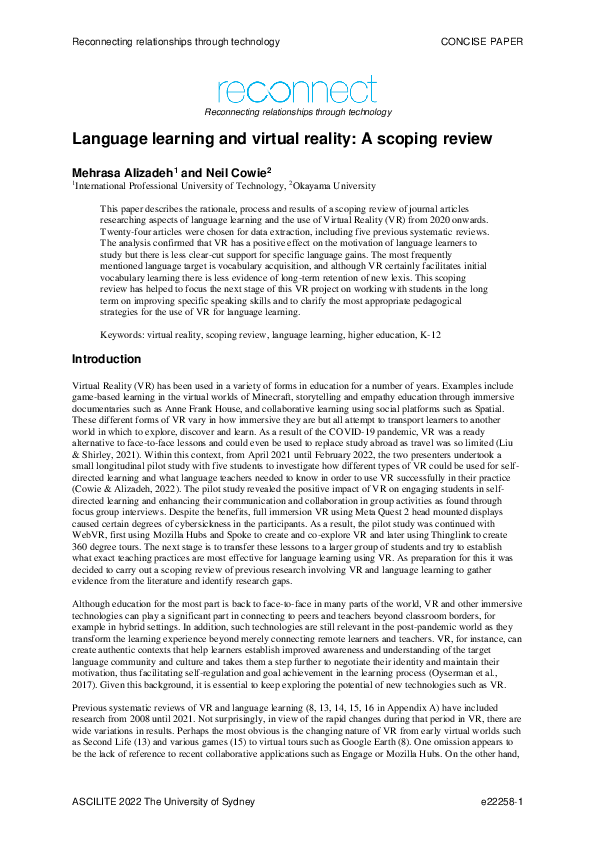 (PDF) Language learning and virtual reality: A scoping review