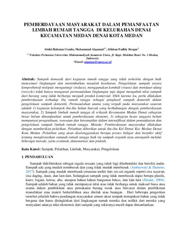 (PDF) Pemberdayaan Masyarakat Dalam Pemanfaatan Limbah Rumah Tangga DI Kelurahan Denai Kecamatan ...
