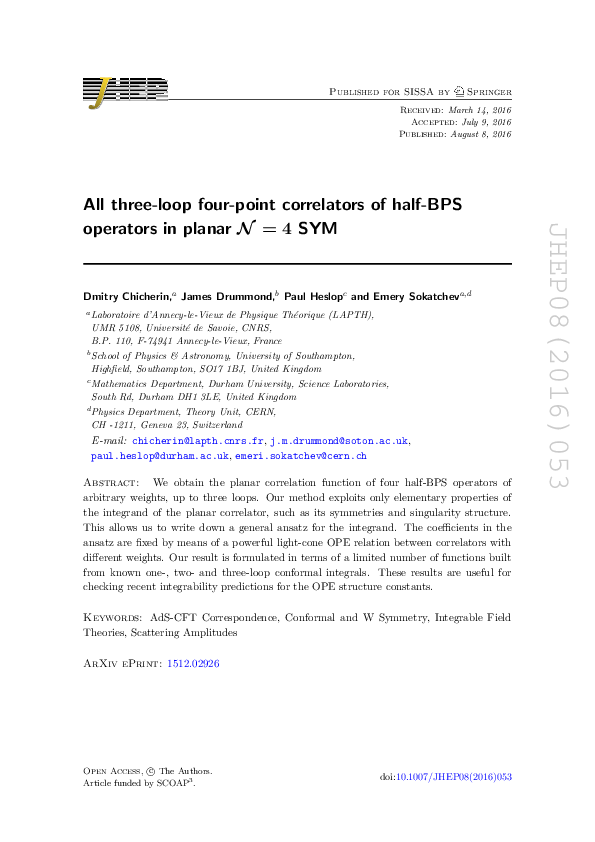 Pdf All Three Loop Four Point Correlators Of Half Bps Operators In