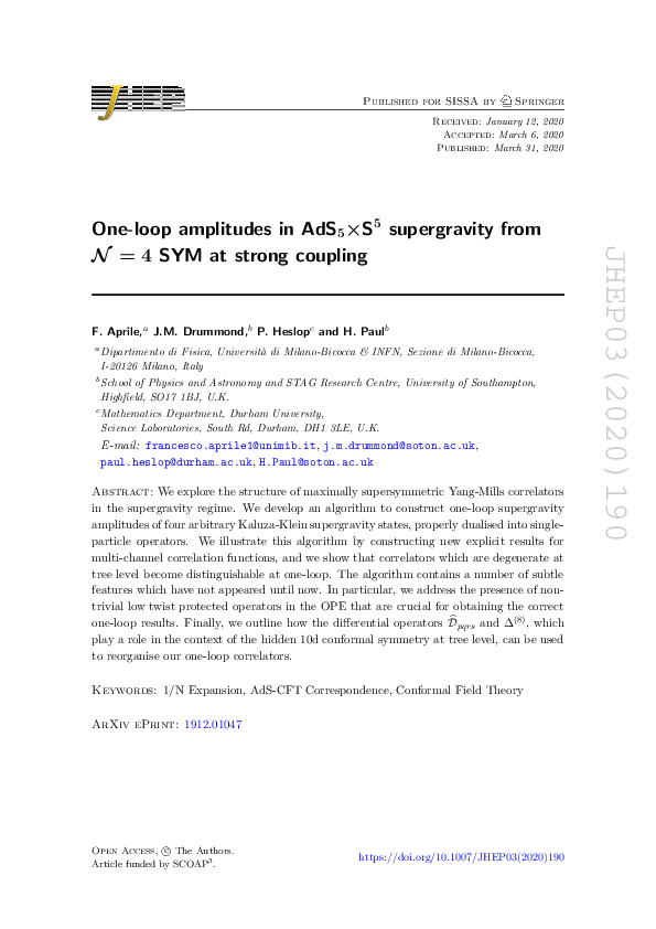 (PDF) One-loop amplitudes in AdS5×S5 supergravity from $$ \mathcal{N} $$ = 4 SYM at strong ...