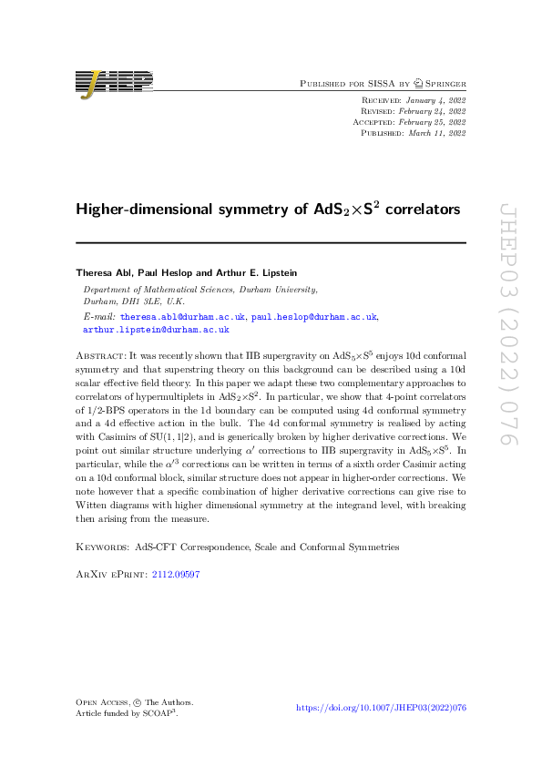 (PDF) Higher-dimensional symmetry of AdS2×S2 correlators | Paul Heslop ...