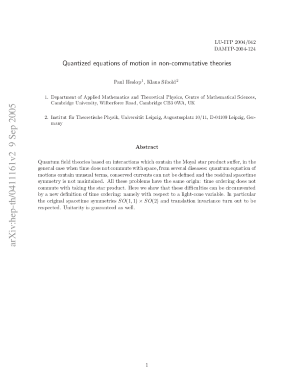 (PDF) Quantized equations of motion in non-commutative theories