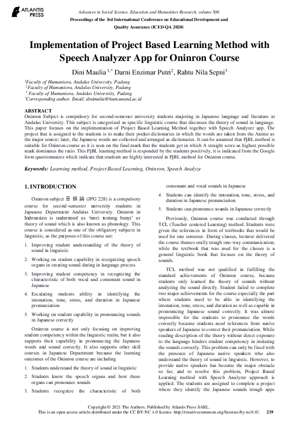 (PDF) Implementation of Project Based Learning Method with Speech Analyzer App for Oninron Course